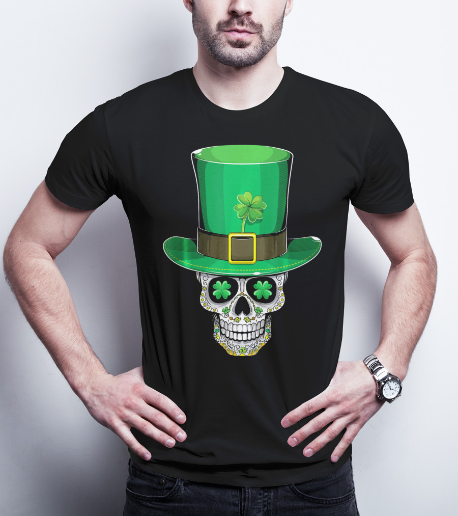 St Patricks Day Shamrock Sugar Skull Leprechaun T-Shirt