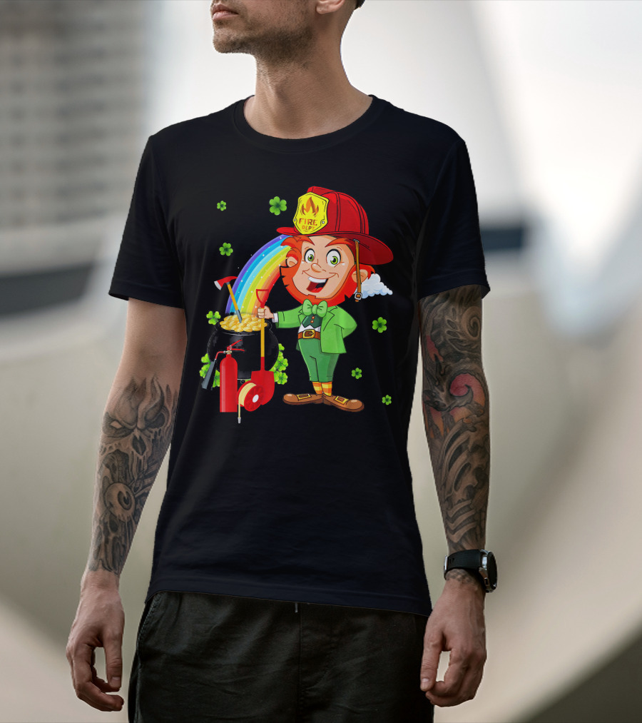 Fire Dept Leprechaun With Pot Of Gold And Rainbow T-Shirt