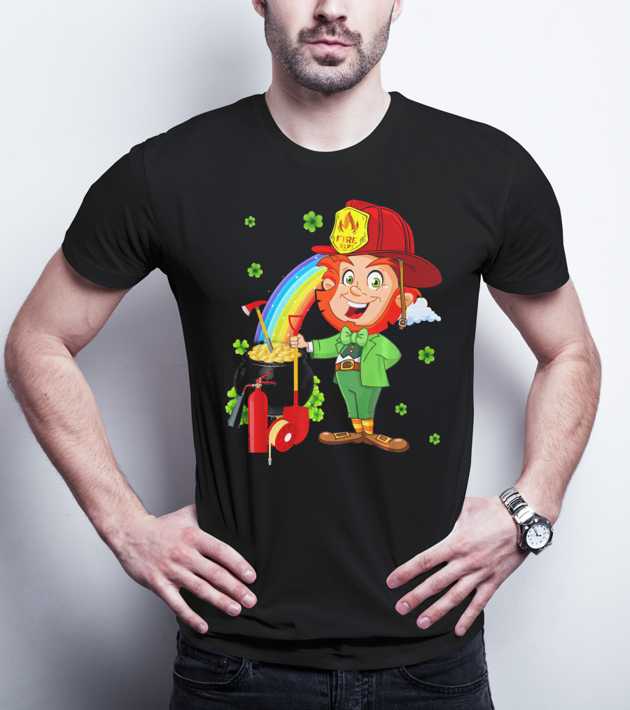 Fire Dept Leprechaun With Pot Of Gold And Rainbow T-Shirt