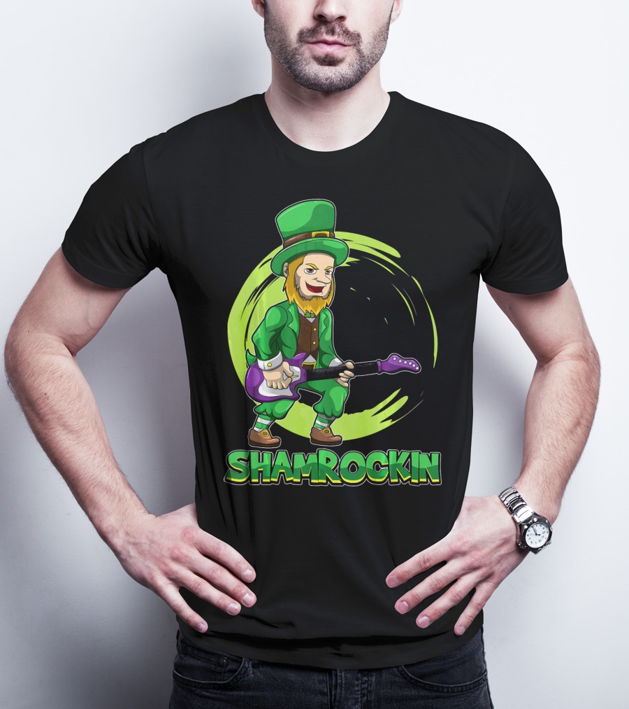 Shamrockin Leprechaun With E Guitar Rocking Celtic Style Green Circle Background T-Shirt