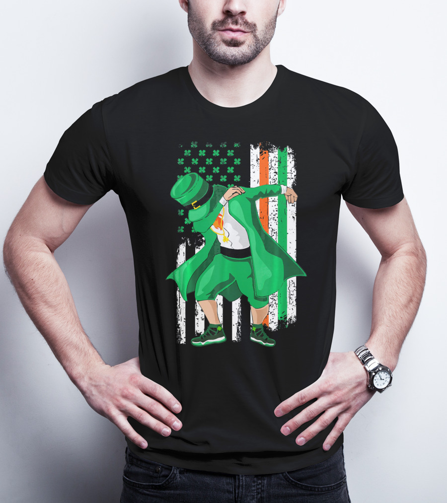 Dabbing Leprechaun With Shamrock And Irish American Flag Background T-Shirt