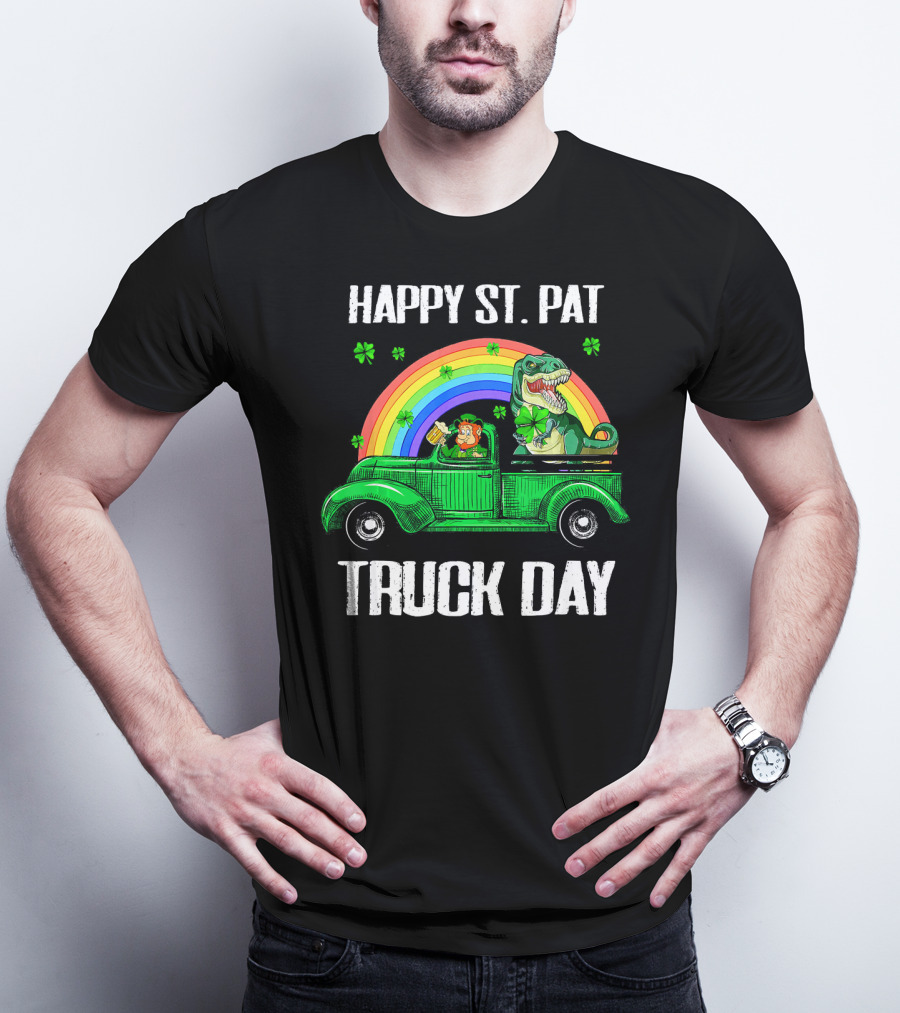 Happy St Pat Truck Day Leprechaun Drivin Dinosaur Rainbow T-Shirt