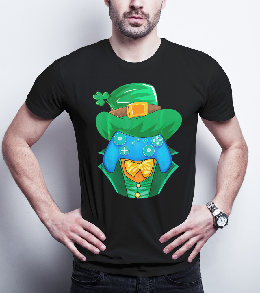 Leprechaun Gamer Controller St Patrick's Day Shamrock Hat Bowtie T-Shirt