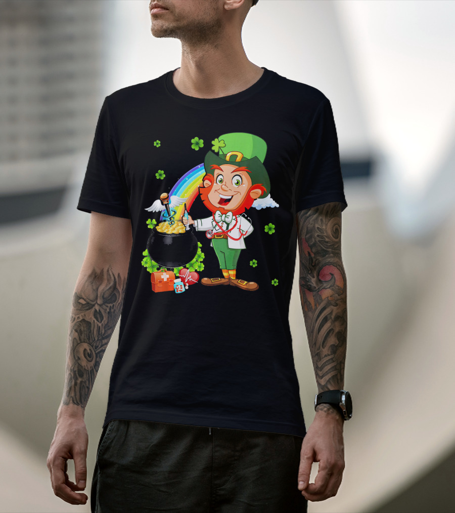 Lucky Medical Scrub Nurse Doctor Leprechaun With Pot Of Gold And Rainbow T-Shirt