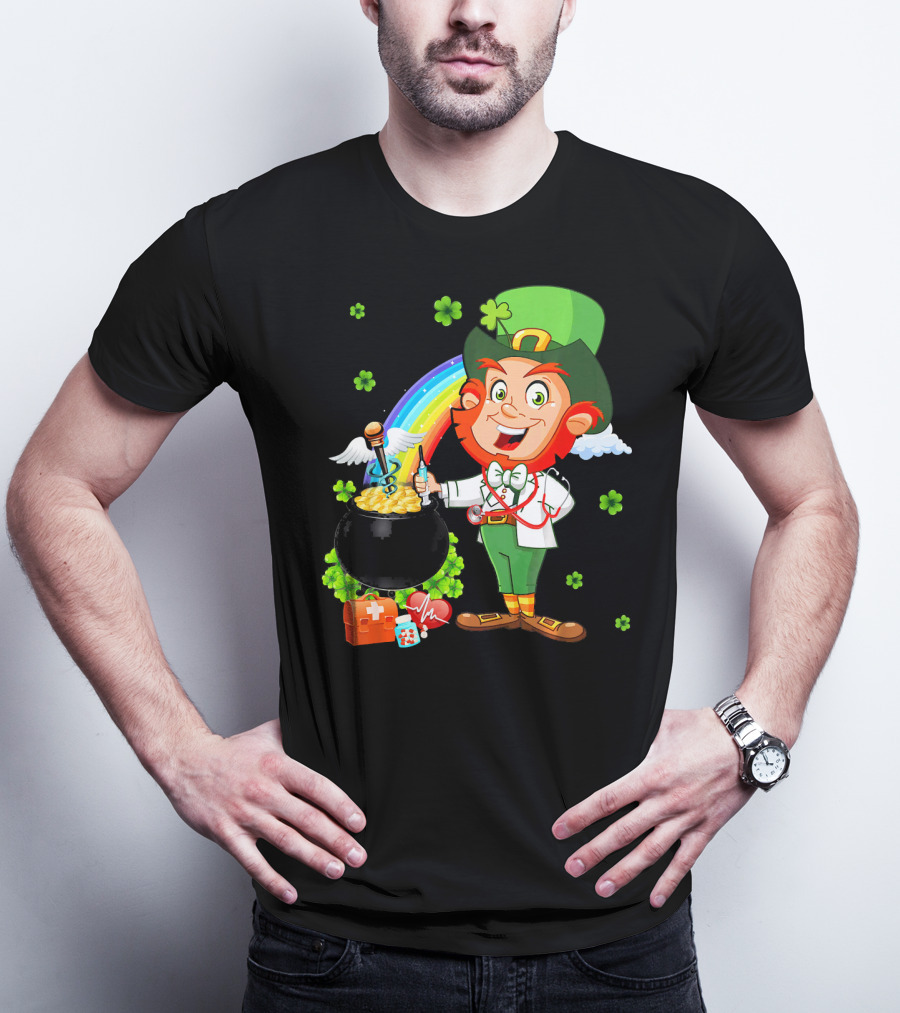 Lucky Medical Scrub Nurse Doctor Leprechaun With Pot Of Gold And Rainbow T-Shirt