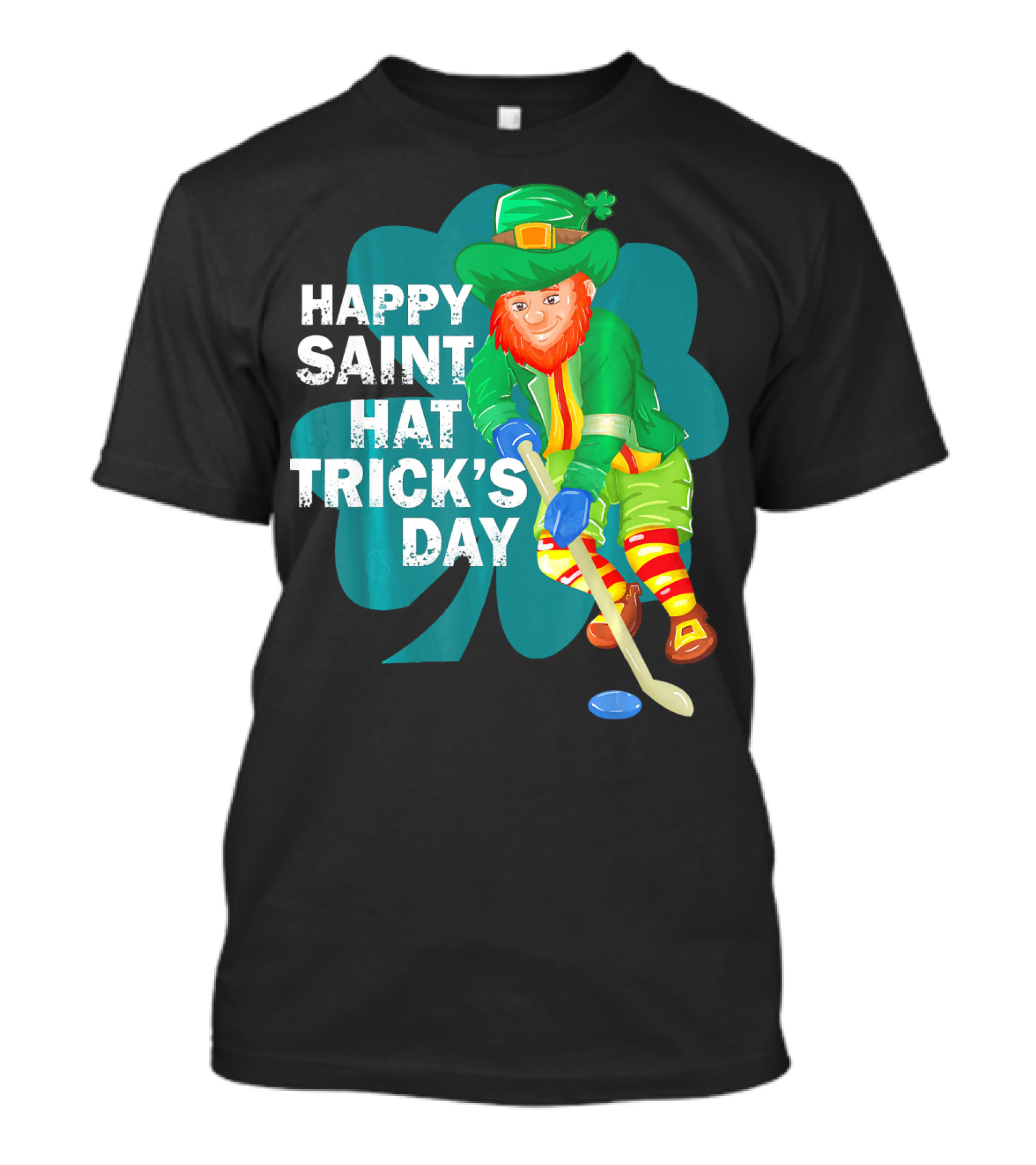 Happy Saint Hat Trick's Day Leprechaun Hockey Player Shamrock Ice T-Shirt