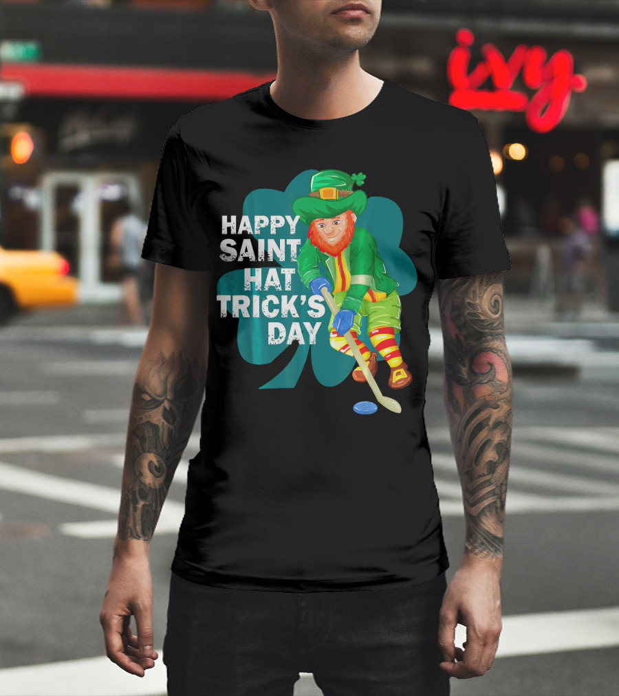 Happy Saint Hat Trick's Day Leprechaun Hockey Player Shamrock Ice T-Shirt