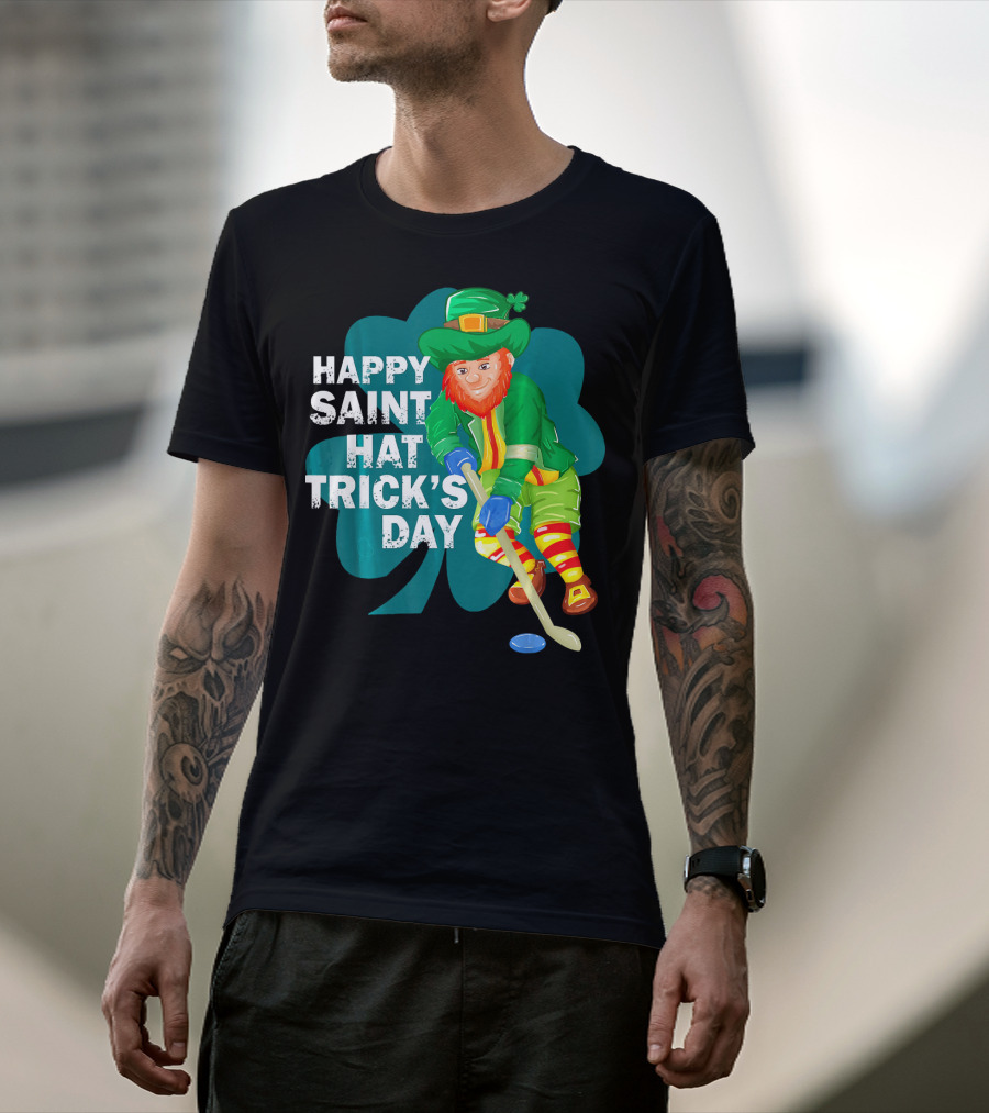 Happy Saint Hat Trick's Day Leprechaun Hockey Player Shamrock Ice T-Shirt