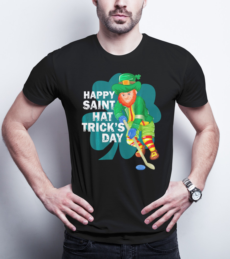 Happy Saint Hat Trick's Day Leprechaun Hockey Player Shamrock Ice T-Shirt