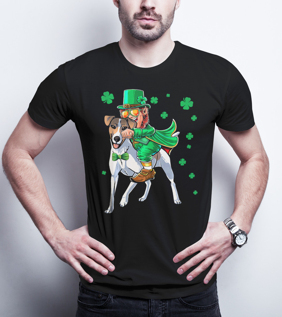 Leprechaun Riding Smooth Fox Terrier With Shamrocks T-Shirt