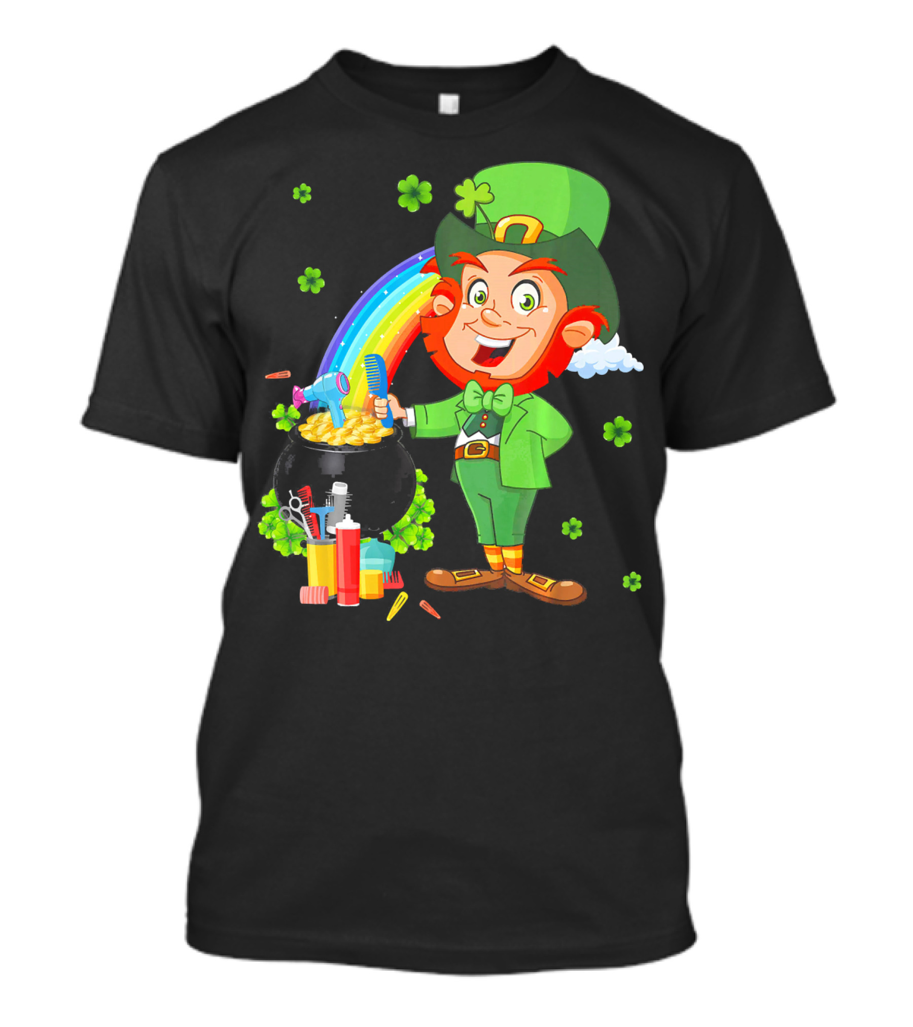 Medical Scrub Hairstylist Leprechaun Pat With Rainbow And Pot Of Gold Barber Tools T-Shirt