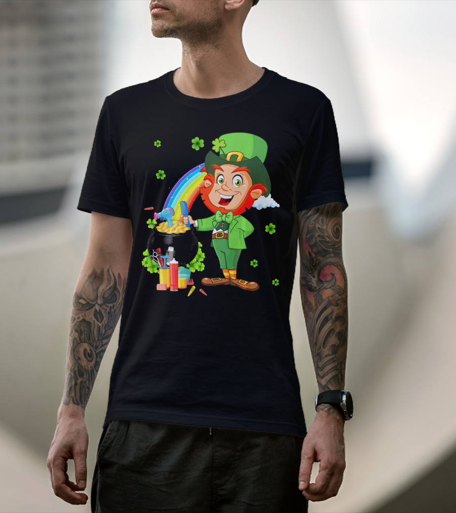 Medical Scrub Hairstylist Leprechaun Pat With Rainbow And Pot Of Gold Barber Tools T-Shirt