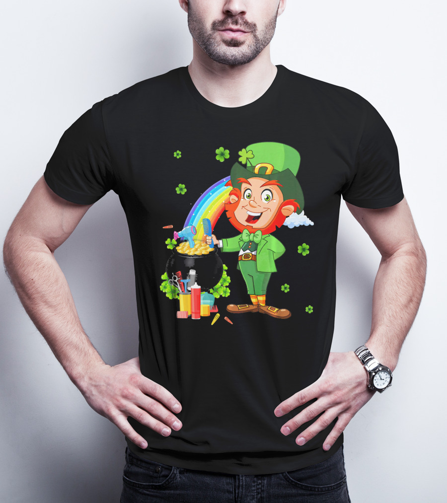Medical Scrub Hairstylist Leprechaun Pat With Rainbow And Pot Of Gold Barber Tools T-Shirt