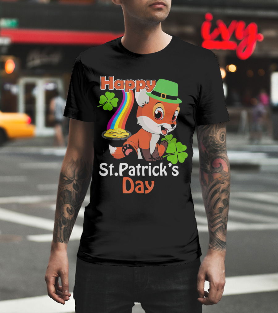 Happy St Patrick's Day Funny Fox Rainbow Clover Gold T-Shirt