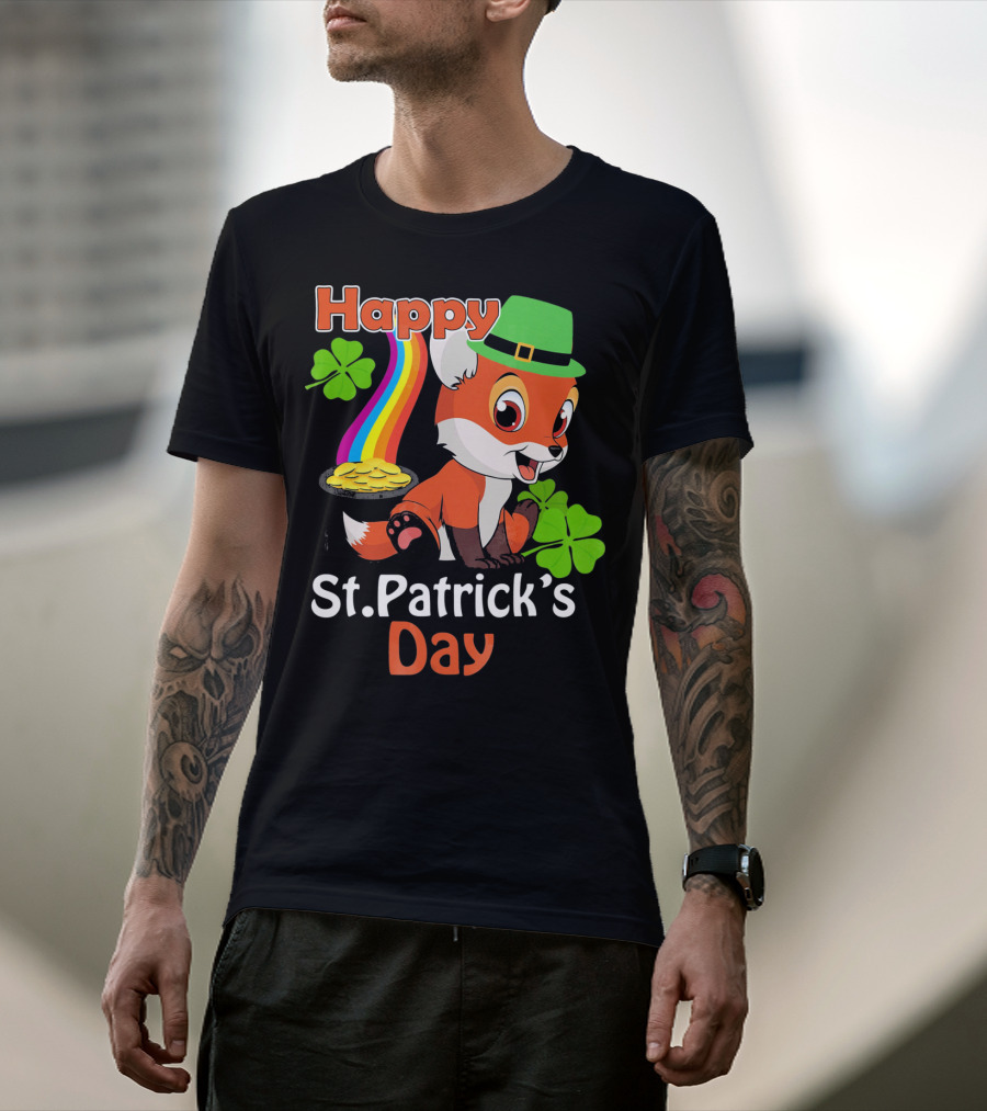 Happy St Patrick's Day Funny Fox Rainbow Clover Gold T-Shirt