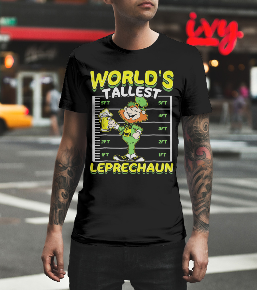 WORLD'S TALLEST LEPRECHAUN Funny St Pat Holding Beer Mug With Height Chart T-Shirt