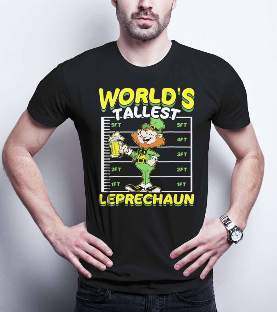WORLD'S TALLEST LEPRECHAUN Funny St Pat Holding Beer Mug With Height Chart T-Shirt