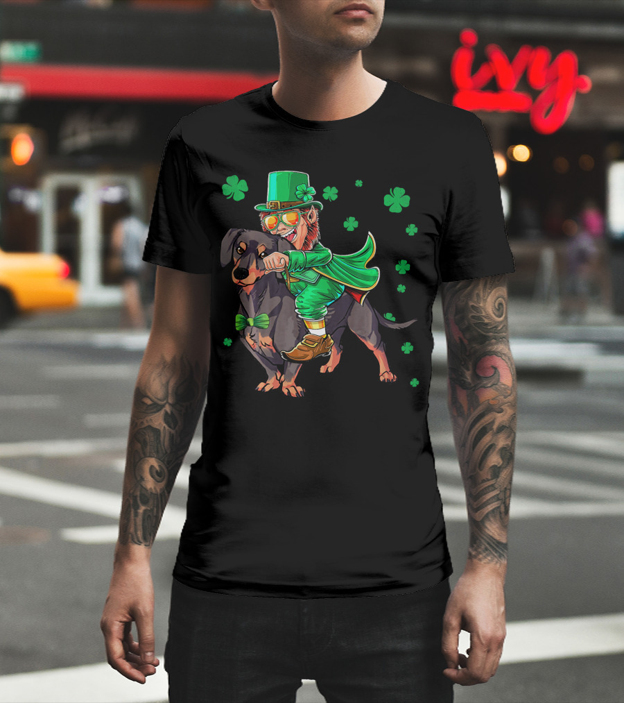 Leprechaun Riding Miniature Dachshund With Shamrocks T-Shirt