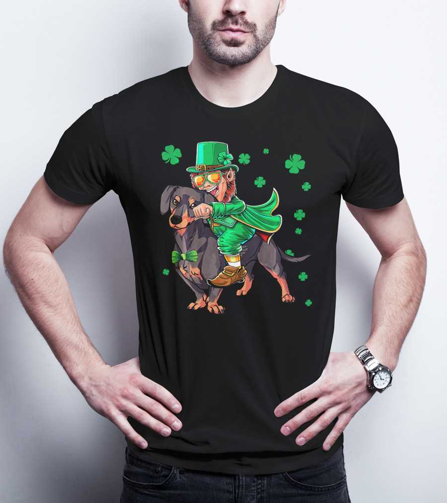 Leprechaun Riding Miniature Dachshund With Shamrocks T-Shirt