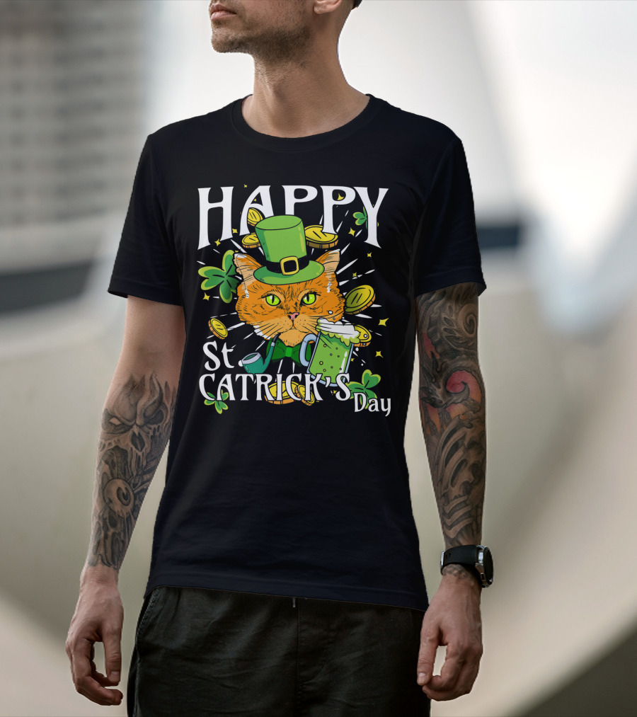 Happy St. Catricks Day Funny St. Patrick Cat Clover Coins T-Shirt