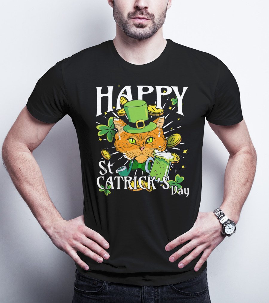Happy St. Catricks Day Funny St. Patrick Cat Clover Coins T-Shirt