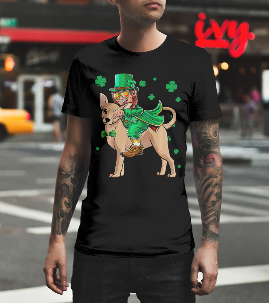 Leprechaun Riding Chihuahua With Shamrocks St. Patrick's Day T-Shirt