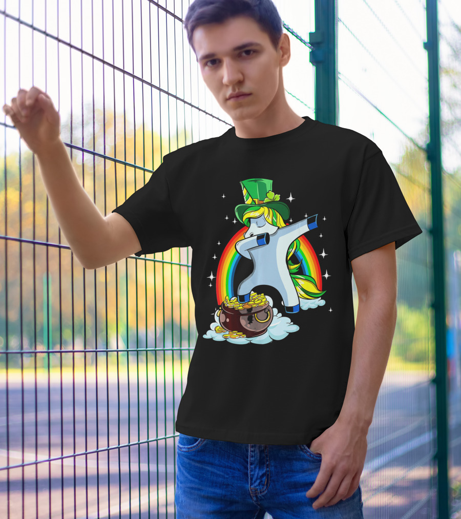 St Patricks Day Dabbing Unicorn Rainbow Pot Of Gold T-Shirt