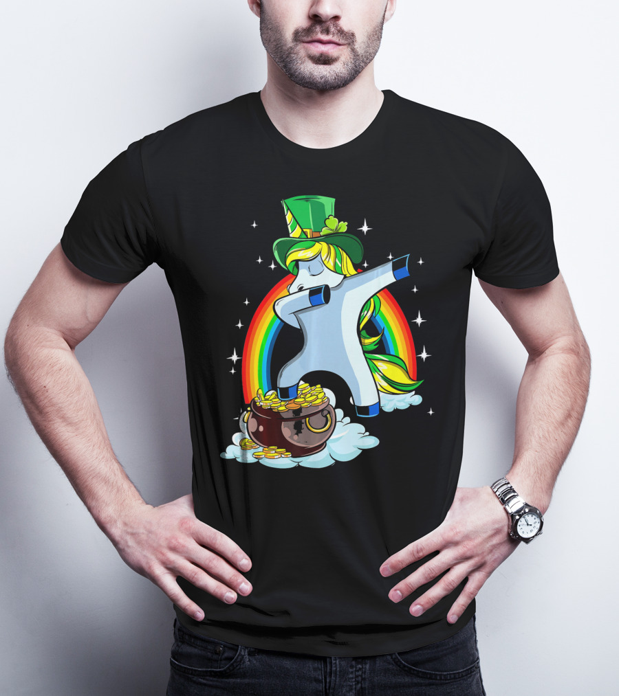 St Patricks Day Dabbing Unicorn Rainbow Pot Of Gold T-Shirt