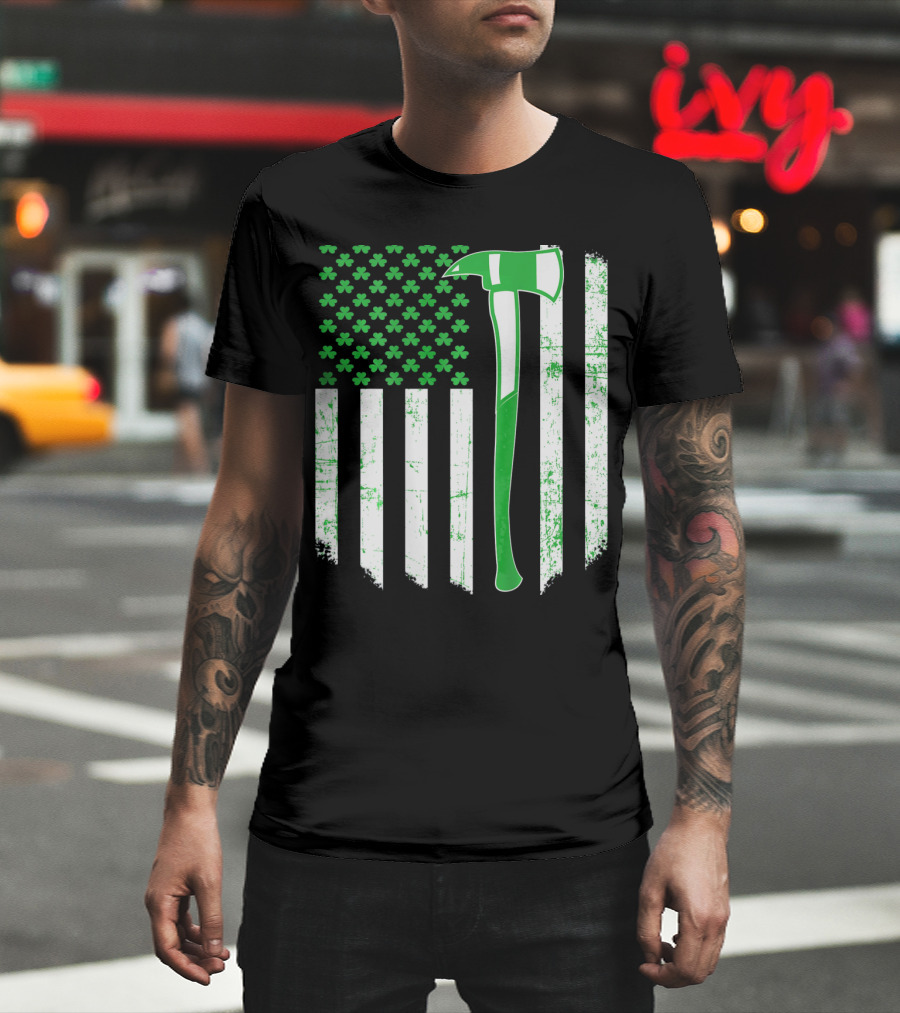 Irish Shamrock Flag Firefighter Axe T-Shirt