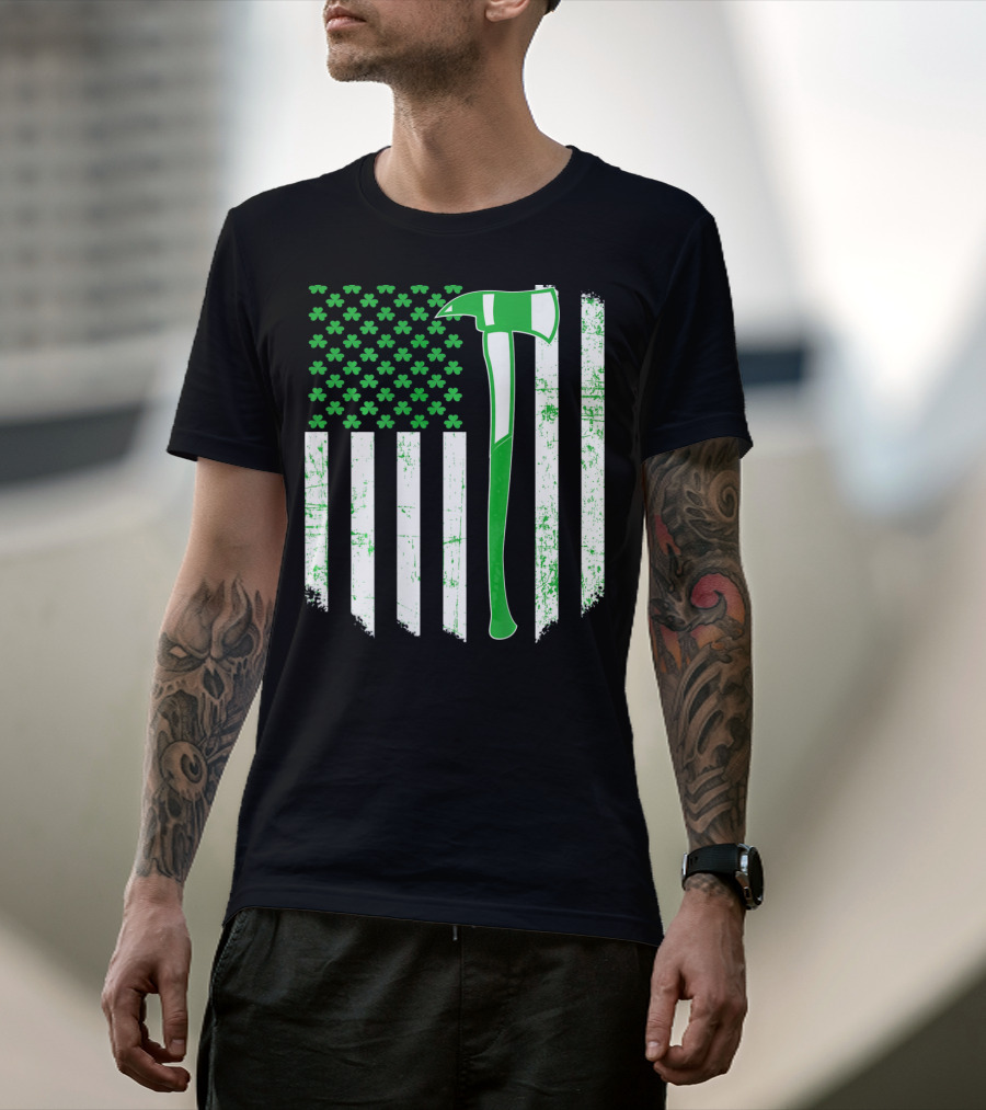 Irish Shamrock Flag Firefighter Axe T-Shirt