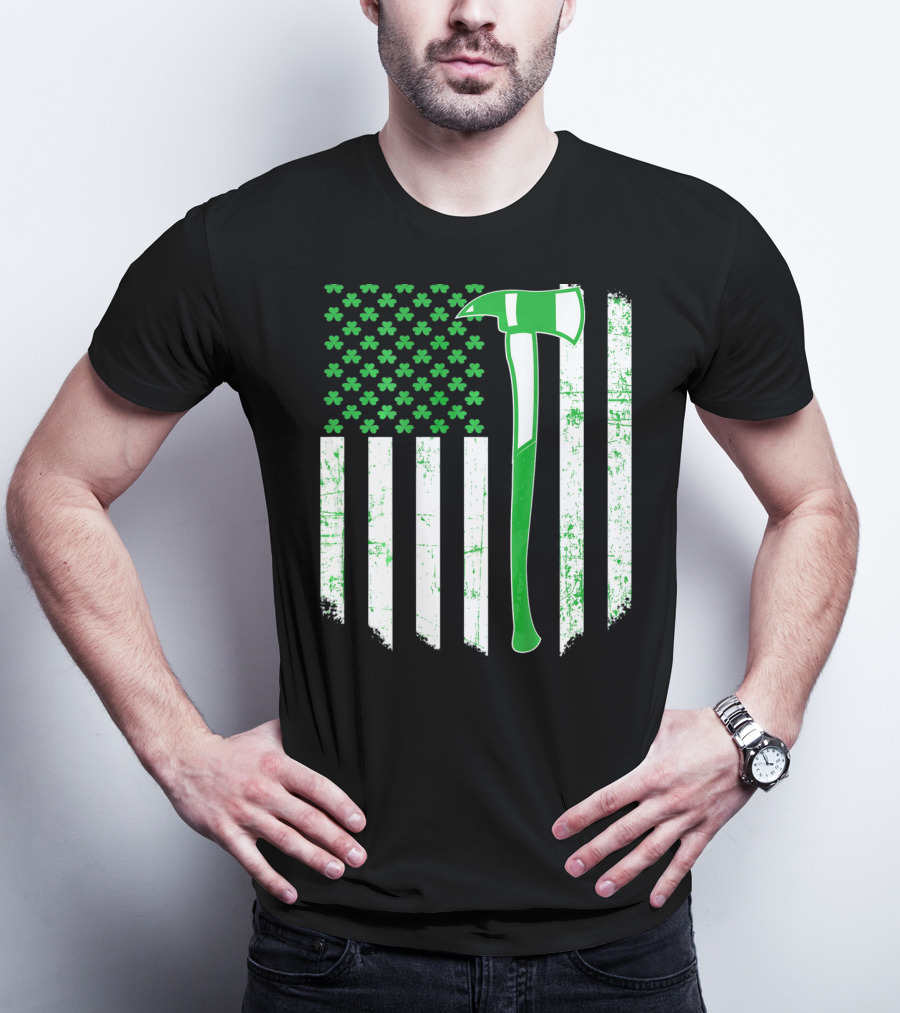 Irish Shamrock Flag Firefighter Axe T-Shirt
