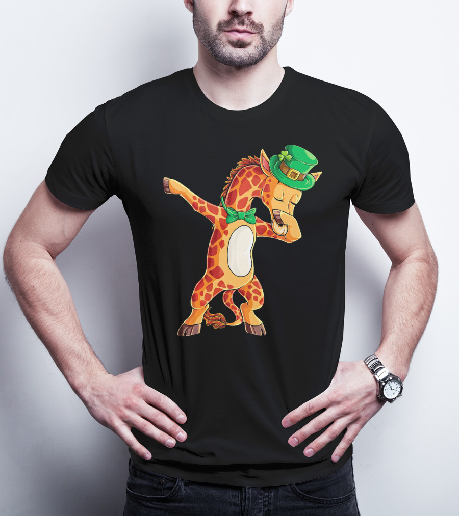 Giraffe Dabbing Leprechaun Hat Bow Tie T-Shirt