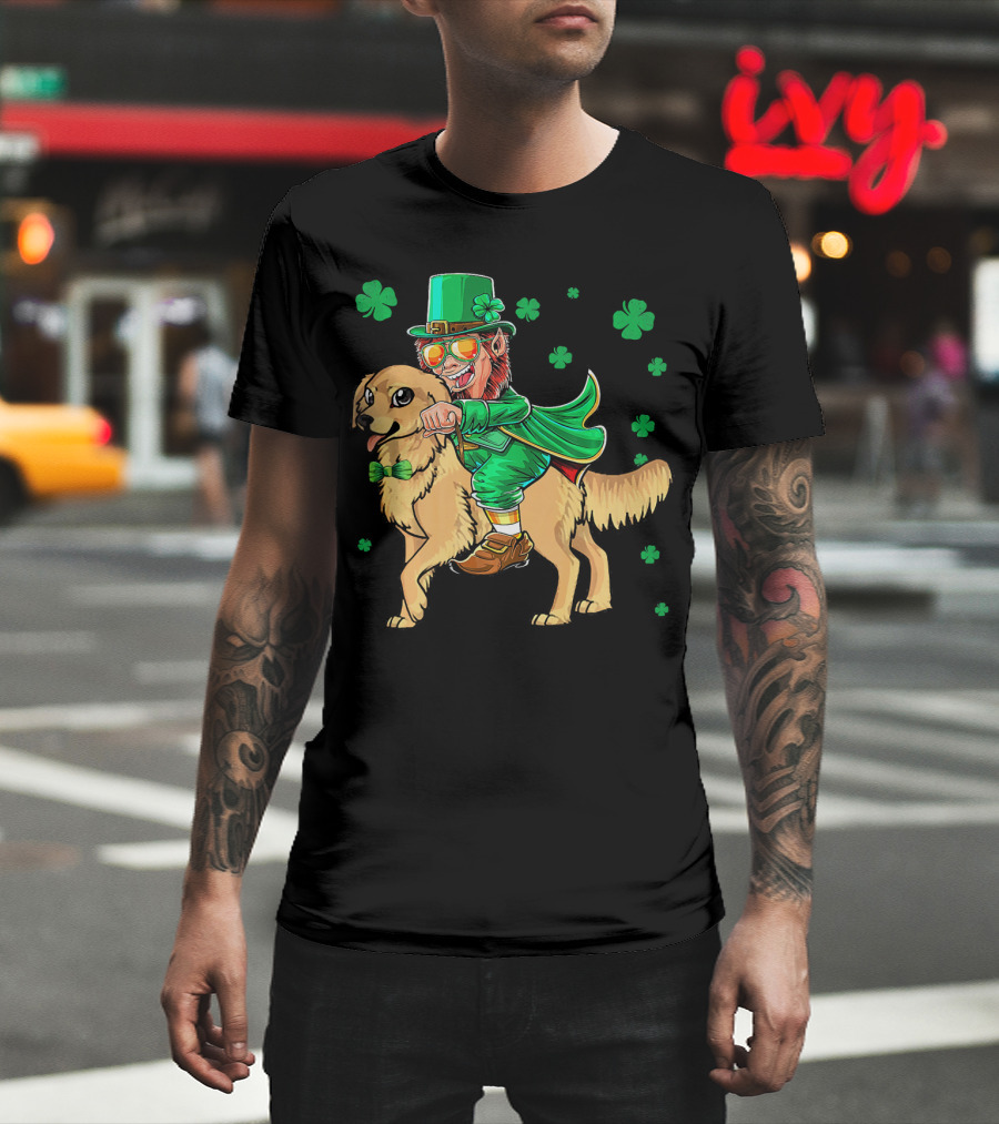 Leprechaun Riding Golden Retriever With Shamrocks T-Shirt