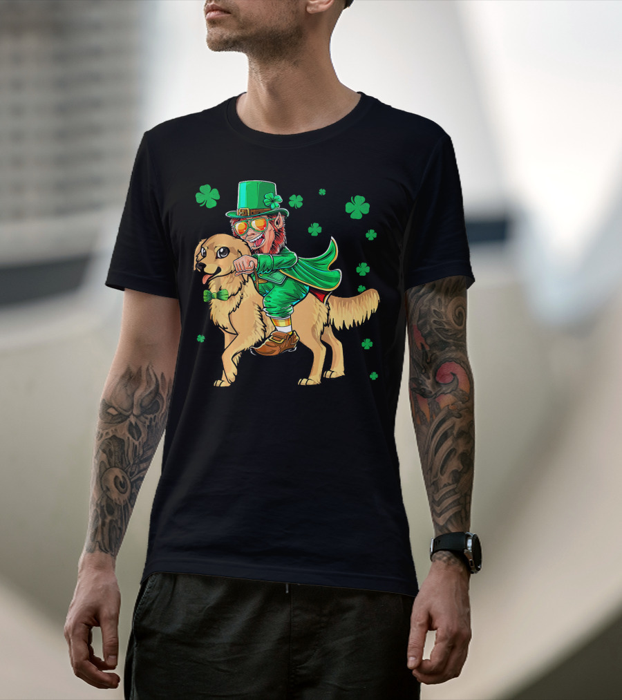 Leprechaun Riding Golden Retriever With Shamrocks T-Shirt
