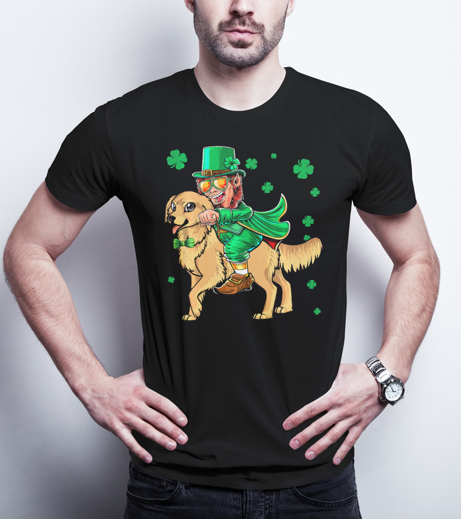 Leprechaun Riding Golden Retriever With Shamrocks T-Shirt
