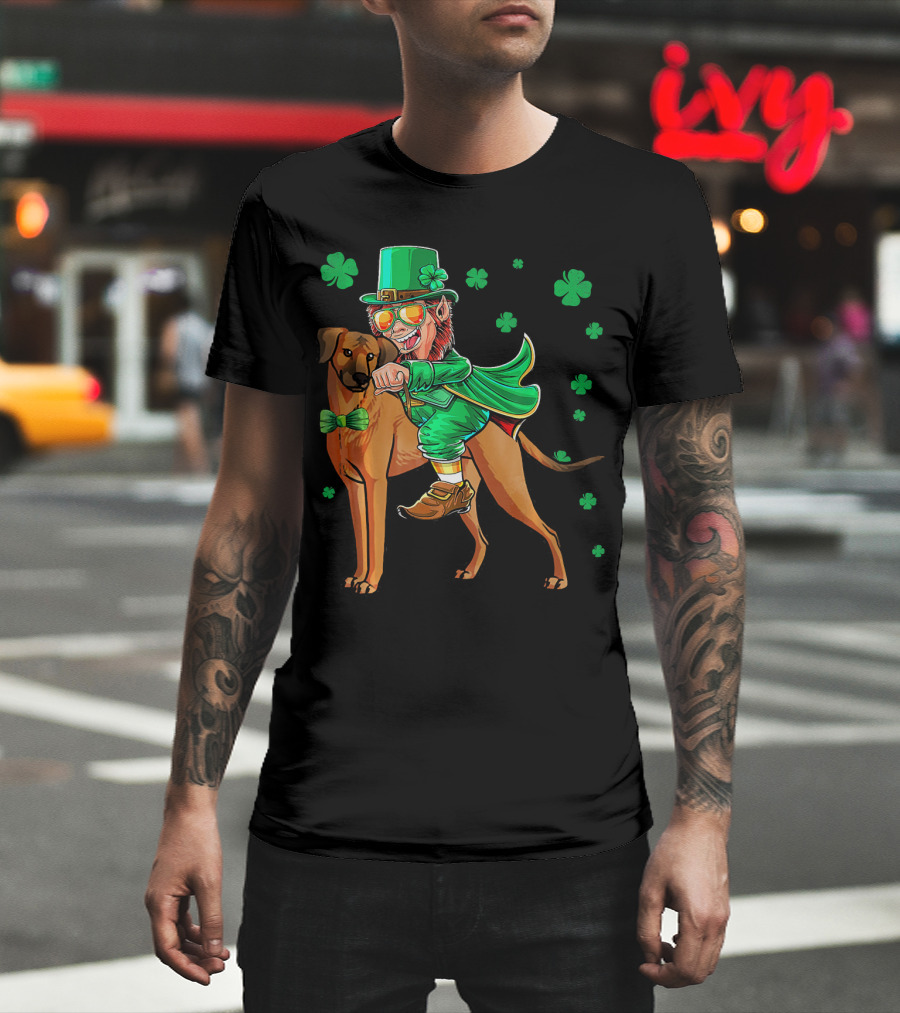 Leprechaun On Rhodesian Ridgeback With Shamrocks T-Shirt