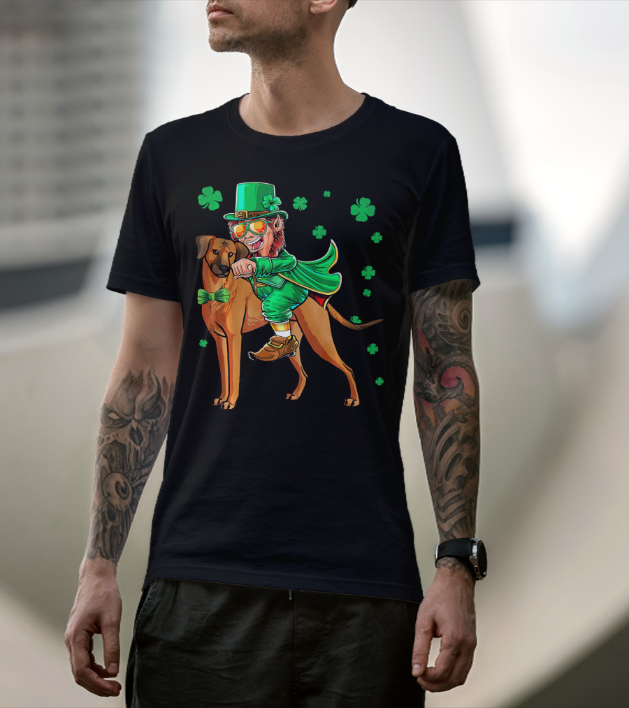 Leprechaun On Rhodesian Ridgeback With Shamrocks T-Shirt