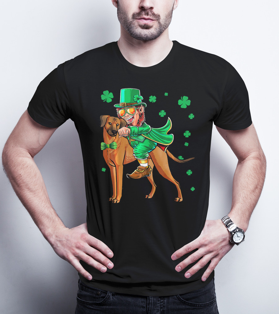 Leprechaun On Rhodesian Ridgeback With Shamrocks T-Shirt