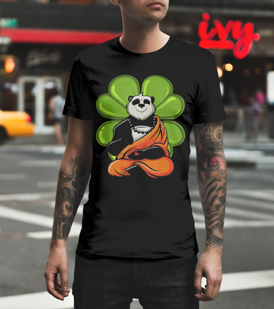Panda Bear Buddha Zen Meditation With Lucky Four-Leaf Clover T-Shirt