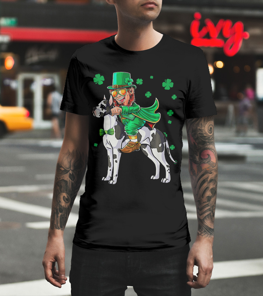 Leprechaun Riding Great Dane With Shamrocks St. Patri T-Shirt