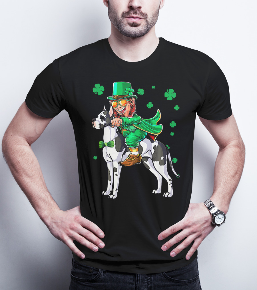 Leprechaun Riding Great Dane With Shamrocks St. Patri T-Shirt