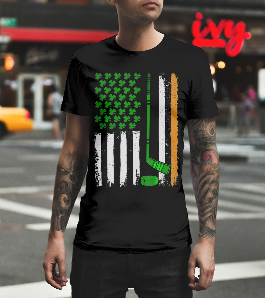 Hockey St Patricks Irish American Flag Shamrock Hockey Stick T-Shirt