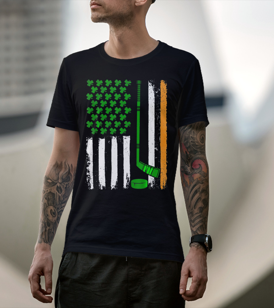 Hockey St Patricks Irish American Flag Shamrock Hockey Stick T-Shirt