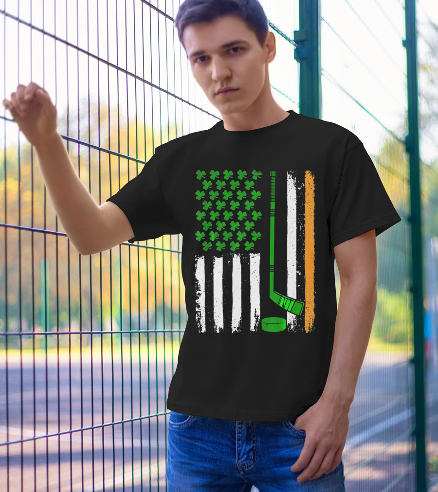 Hockey St Patricks Irish American Flag Shamrock Hockey Stick T-Shirt