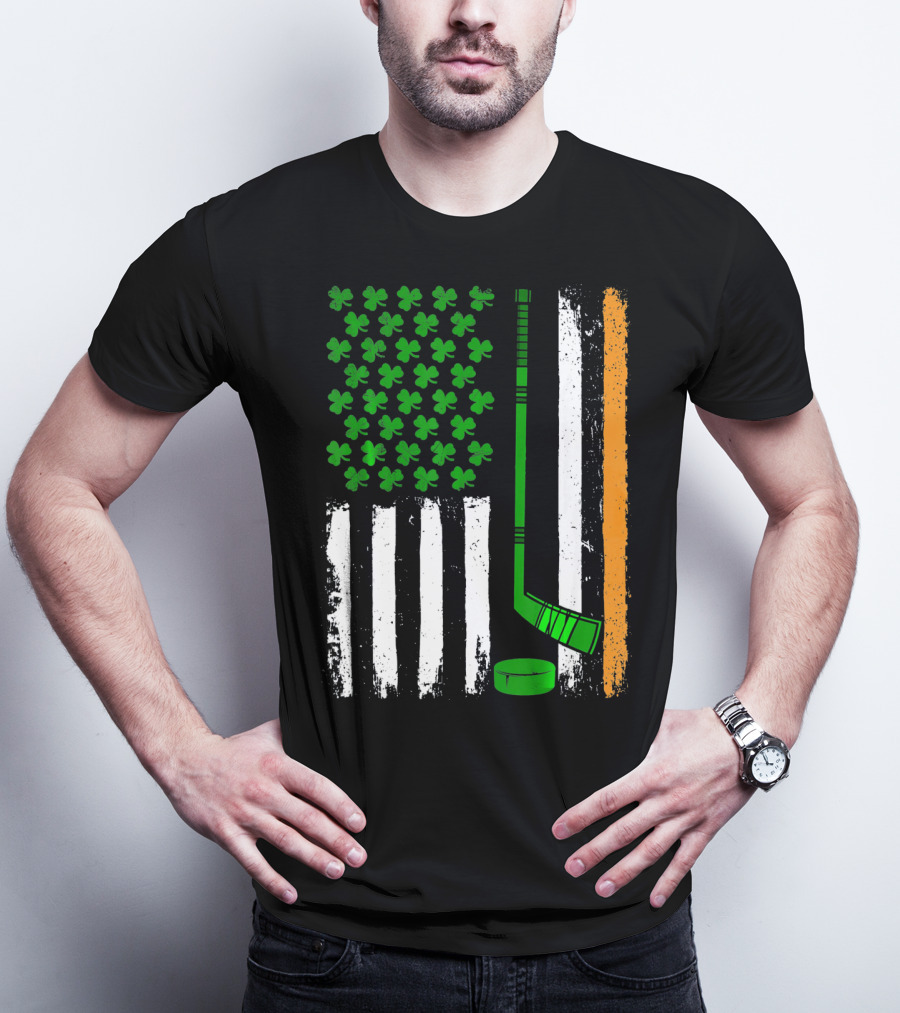 Hockey St Patricks Irish American Flag Shamrock Hockey Stick T-Shirt