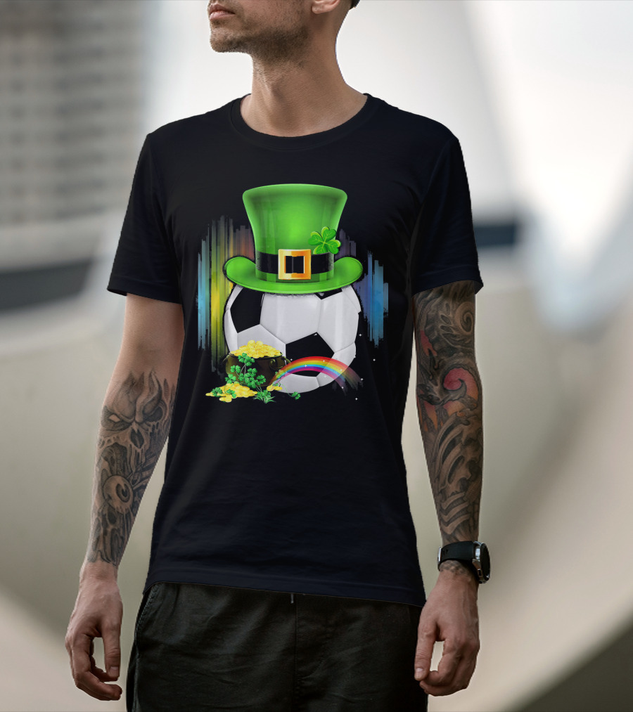 Soccer Ball Leprechaun Hat Pot Of Gold Rainbow Saint Patricks T-Shirt