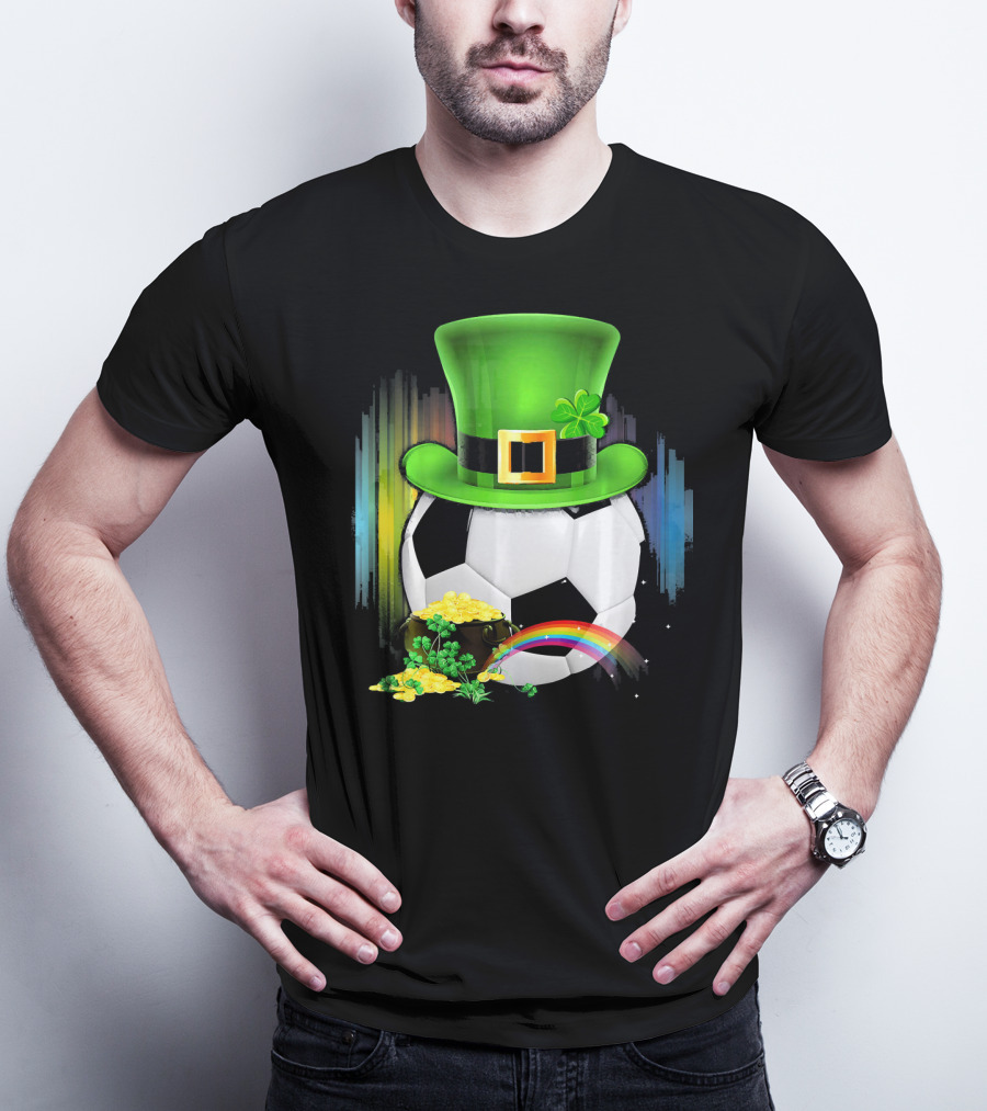 Soccer Ball Leprechaun Hat Pot Of Gold Rainbow Saint Patricks T-Shirt