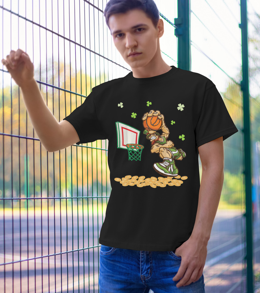 Leprechaun Dunking Basketball Surrounded By Shamrocks And Gold Coins T-Shirt