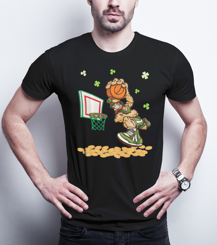 Leprechaun Dunking Basketball Surrounded By Shamrocks And Gold Coins T-Shirt