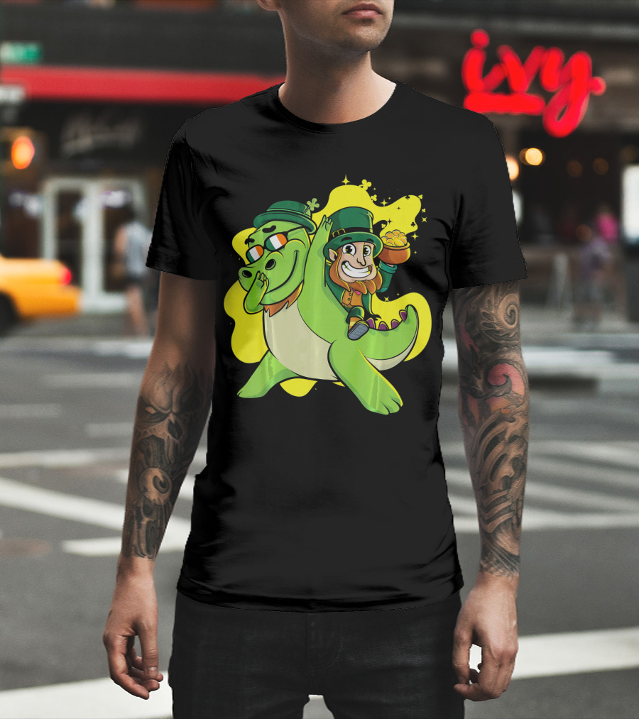 Dabbing Dinosaur And Leprechaun With Gold For St Patrick's Day T-Shirt